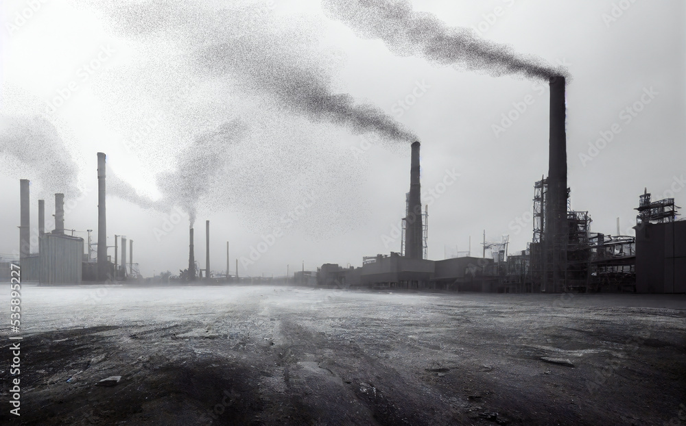 Landscape of pollution in city, polluted factory over smog in the air and nature. Industry issue ...