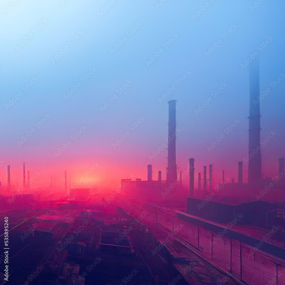Landscape of pollution in city, polluted factory over smog in the air and nature. Industry issue ...