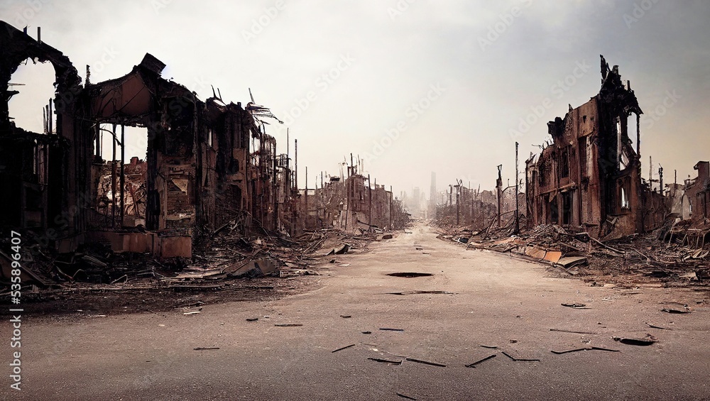 Hyper-realistic illustration of abandoned post-apocalyptic ruined city ...