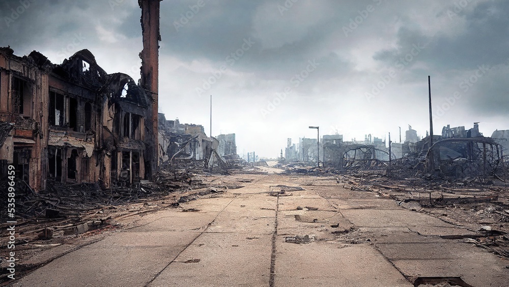 Hyper-realistic illustration of abandoned post-apocalyptic ruined city ...