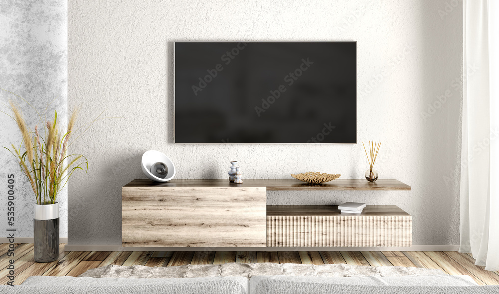 Poster Interior of living room with wooden sideboard over granite wall ...