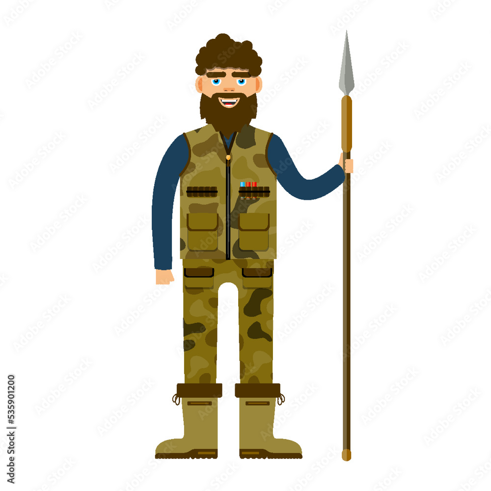 Man hunter camouflage cloth armed with spear flat. Male character beard ...