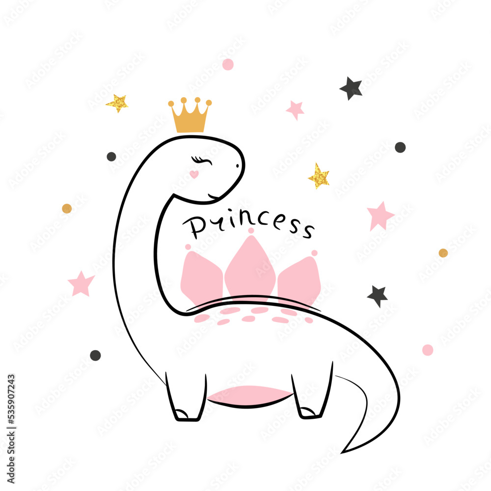 Dinosaur girl princess cute vector illustration. Dino cartoon baby ...