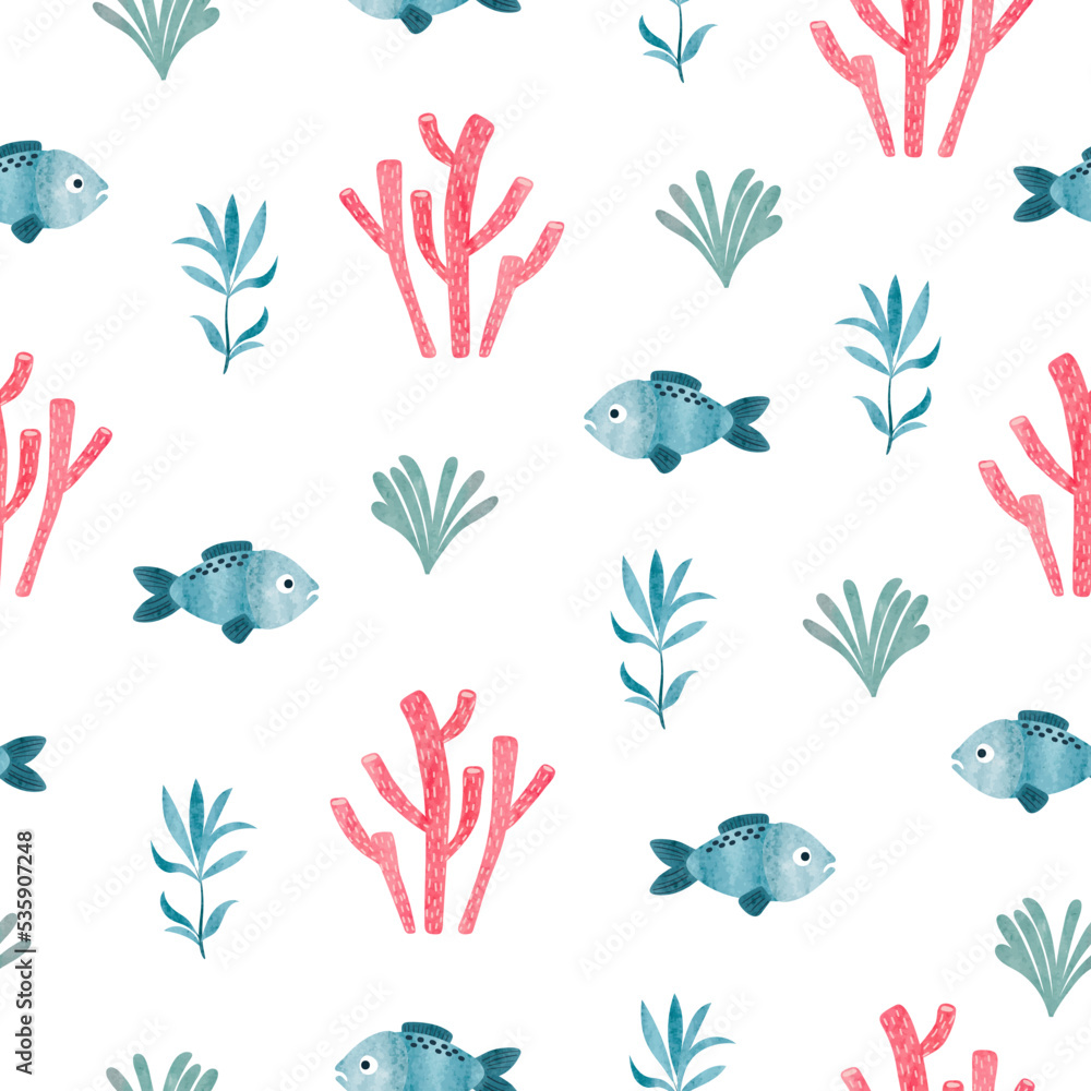 Seamless sea fish pattern. Underwater life background. Watercolor fish ...