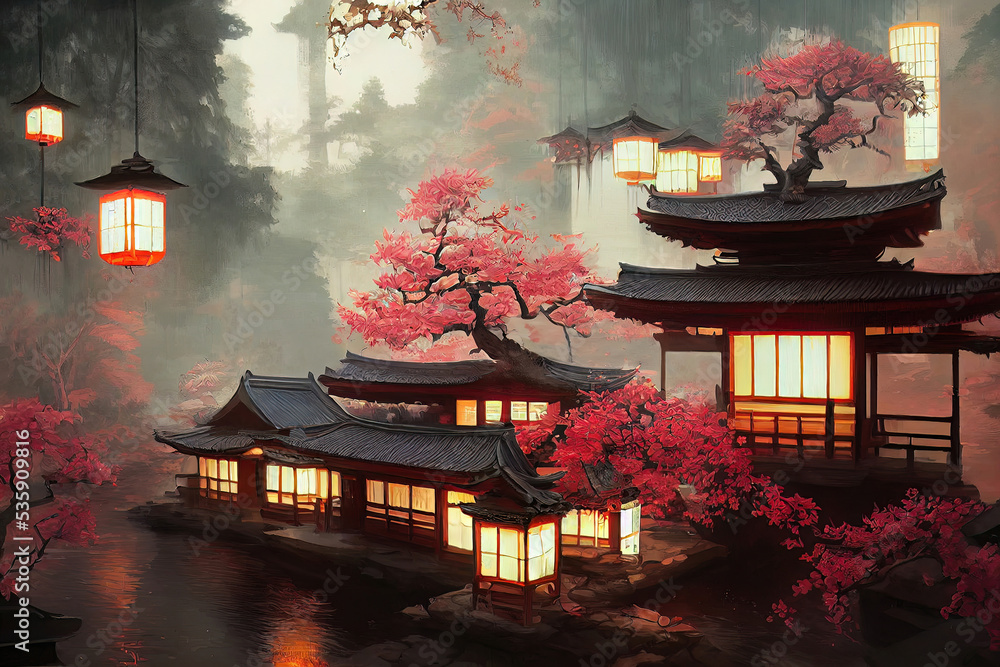 Fantasy Japanese landscape spa. Japanese hot springs, ancient ...