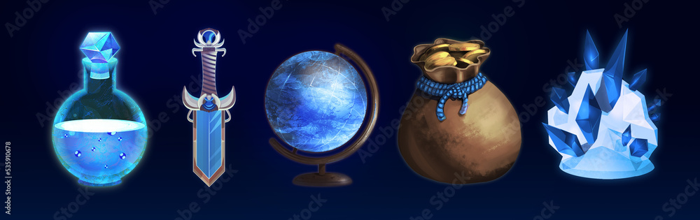 Ilustração do Stock: A set of fantasy props. A dagger, a globe, a stone ...