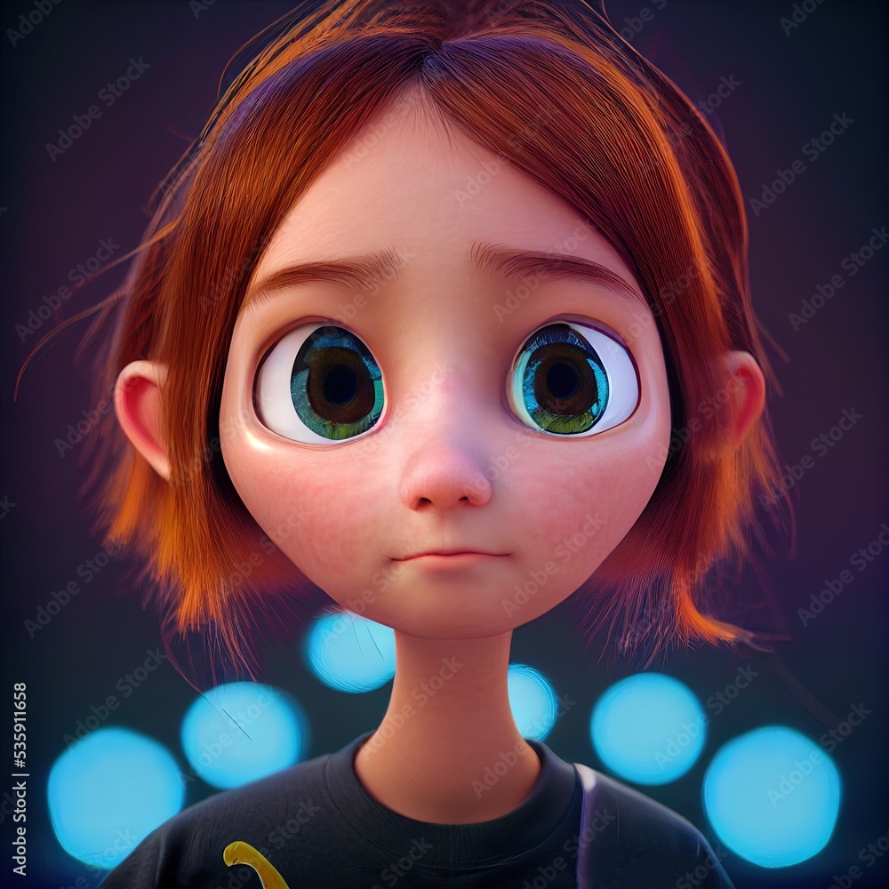 Natural sad young woman. Cartoon big eyed close up portrait. Animated ...