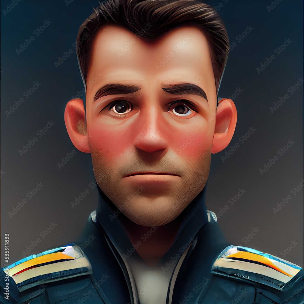 Jet fighter pilot without helmet portrait. Animated movie character ...