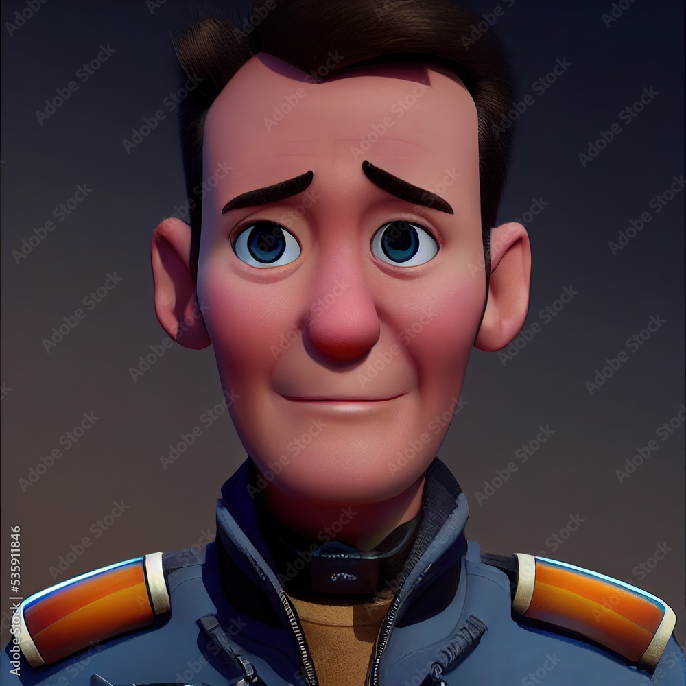 Jet fighter pilot without helmet portrait. Animated movie character ...