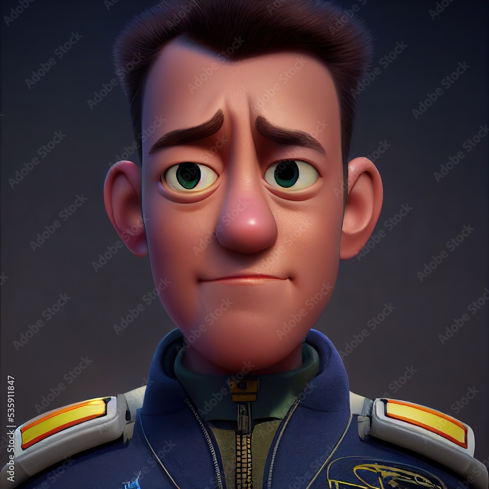 Jet fighter pilot without helmet portrait. Animated movie character ...