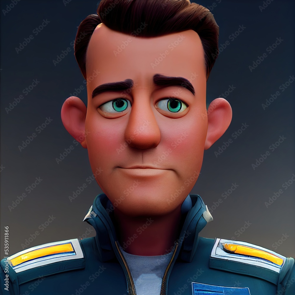 Jet fighter pilot without helmet portrait. Animated movie character ...