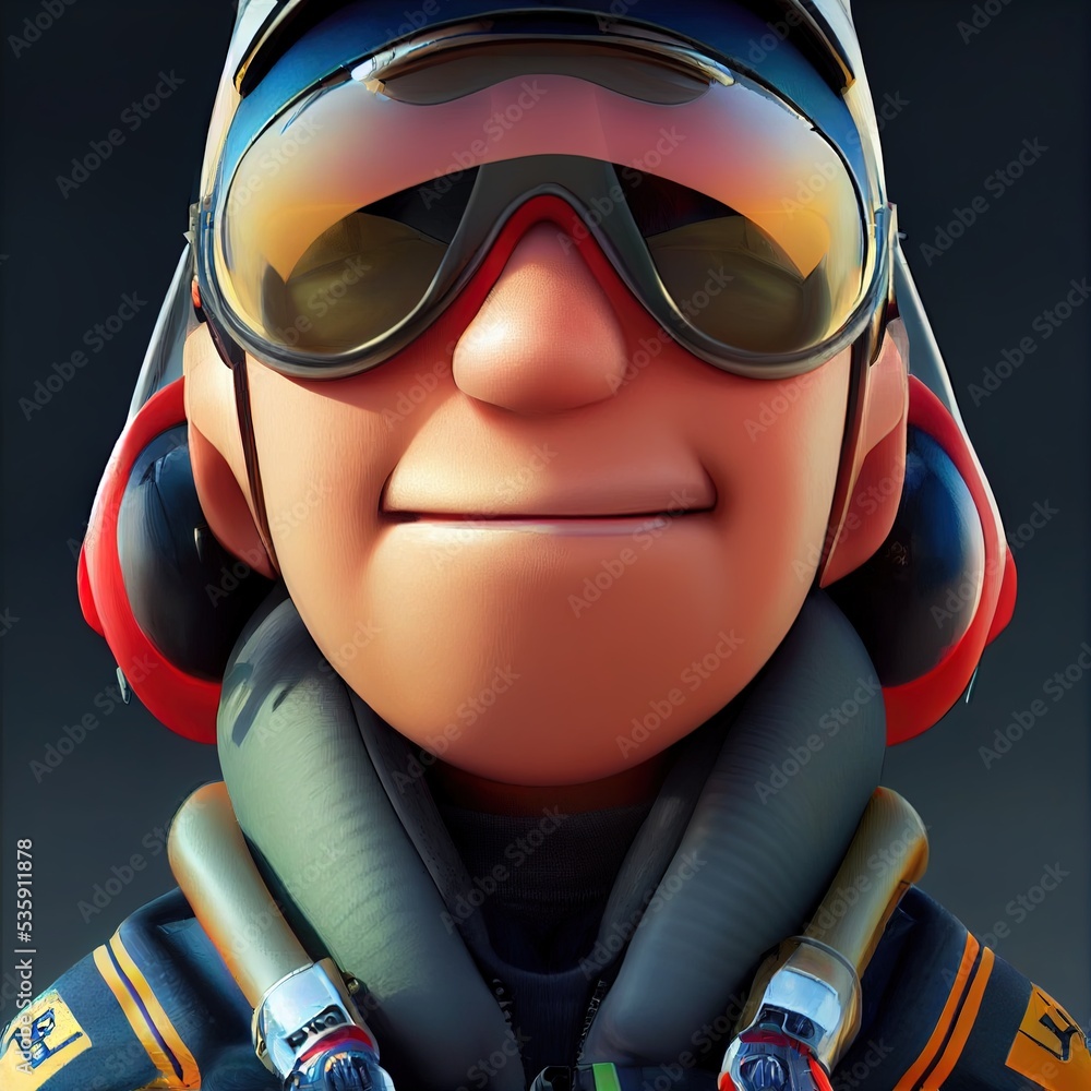 Jet fighter pilot in helmet portrait. Animated movie character design ...