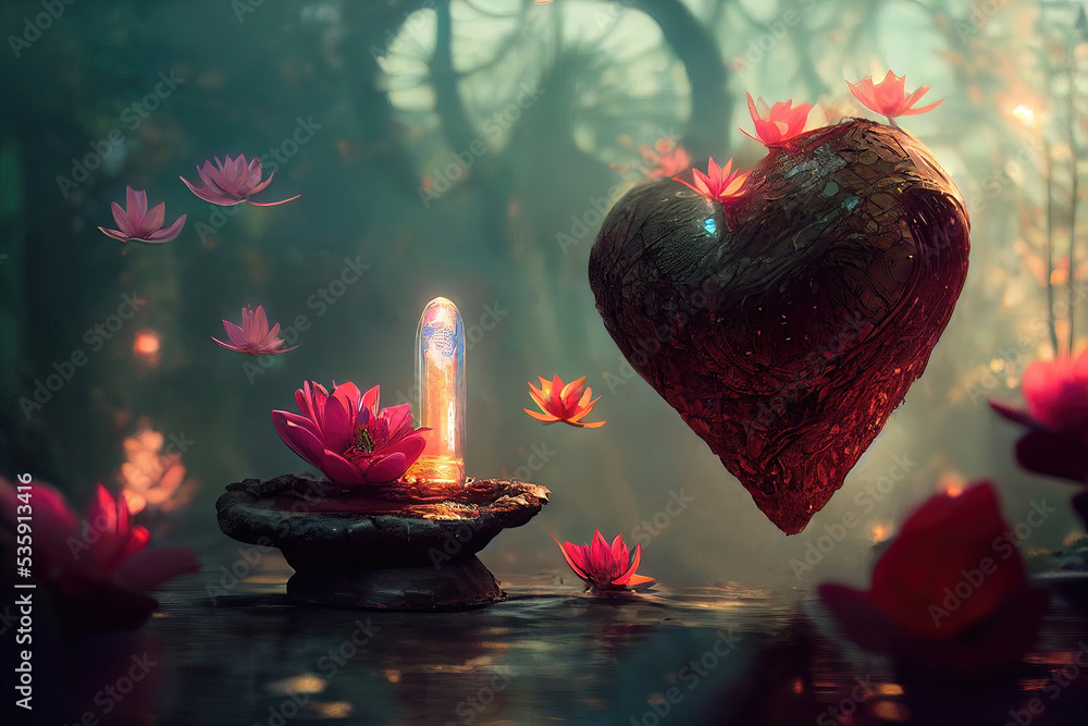 Heart silhouette with magic flowers. Fantasy heart. Stock Illustration ...