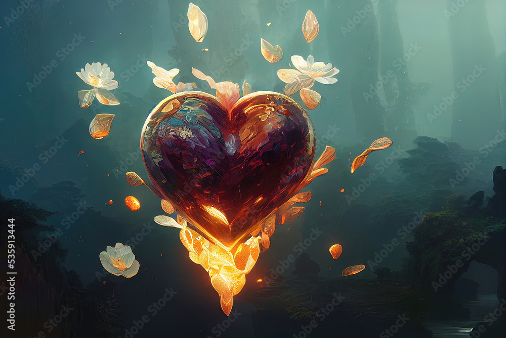 Heart silhouette with magic flowers. Fantasy heart. Stock Illustration ...