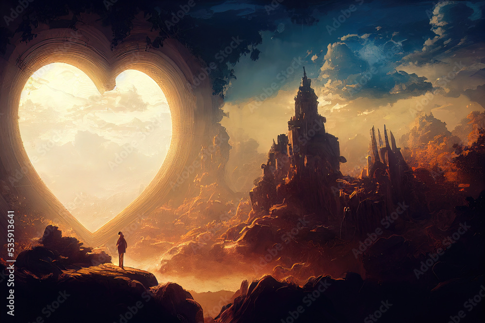 World of love. Fantasy landscape with heart silhouette. Magic ...