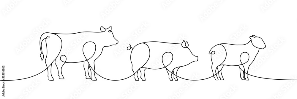 Farm animals one line continuous drawing. Pig, Sheep, Cow silhouettes ...