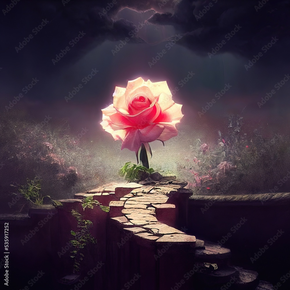 Fantasy rose on a stone staircase. Fairy landscape with flowers ...