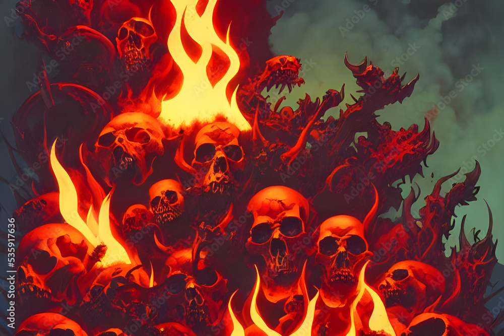 pile of sculls in hell with fire and smoke - american graphic novel ...