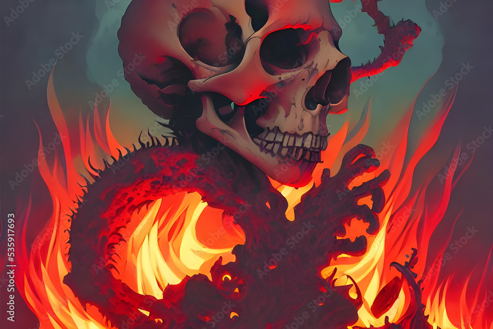 pile of sculls in hell with fire and smoke - american graphic novel ...