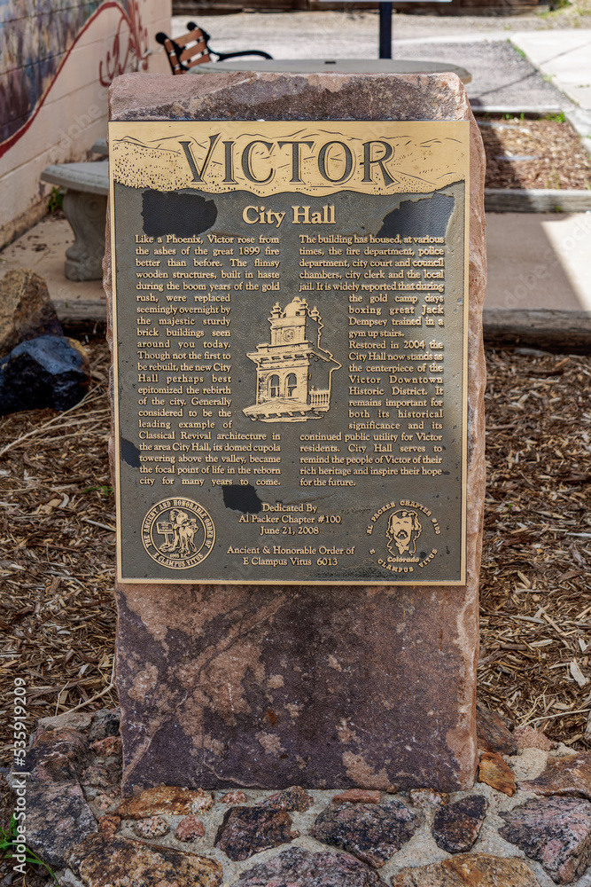 Victor, CO - July 9, 2022: This sign placed by E Clampus Vitus, a ...