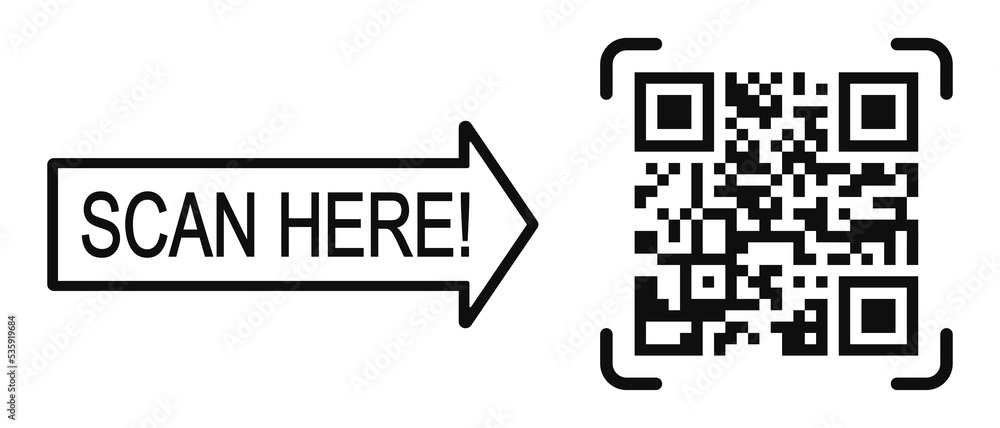 Scan here template with QR code pictogram. Quick responce matrix ...