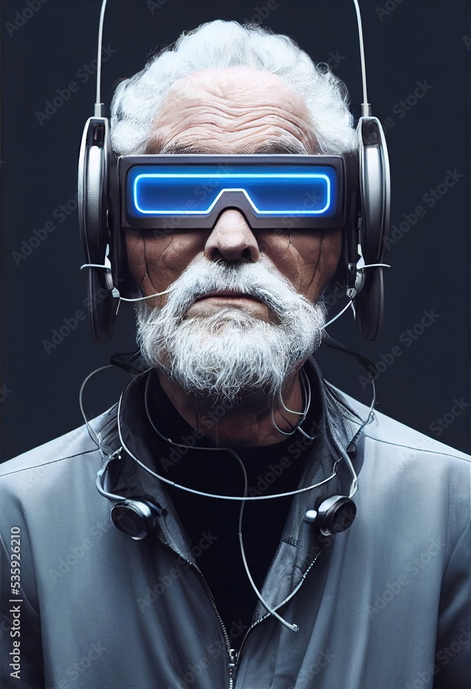 Fictional portrait of a grandfather in a futuristic cyberpunk style ...