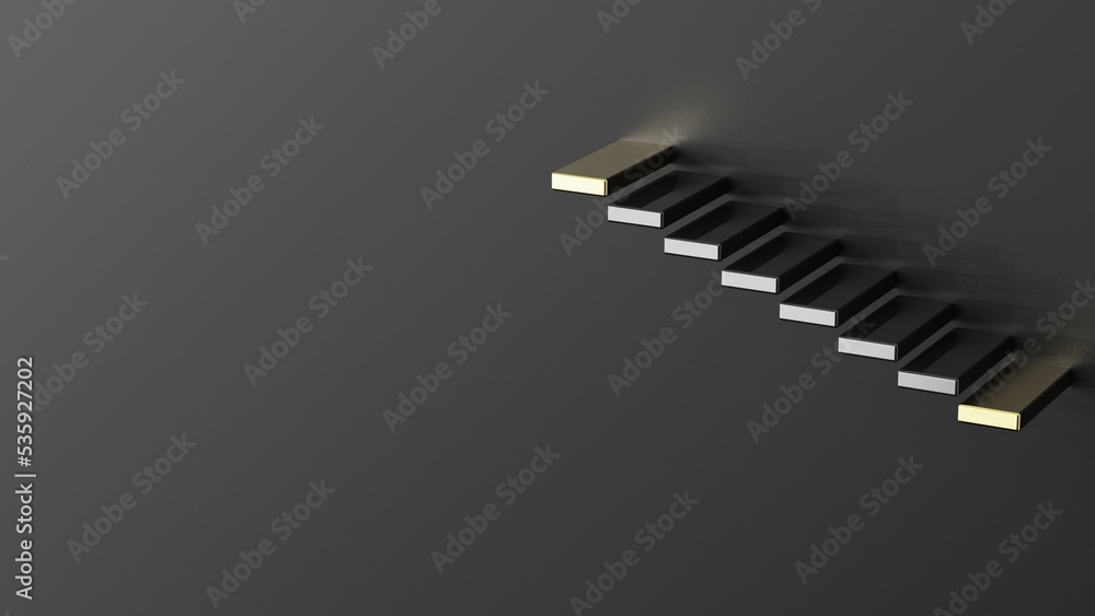 Black stairs leading to gold top and bottom step under black background ...