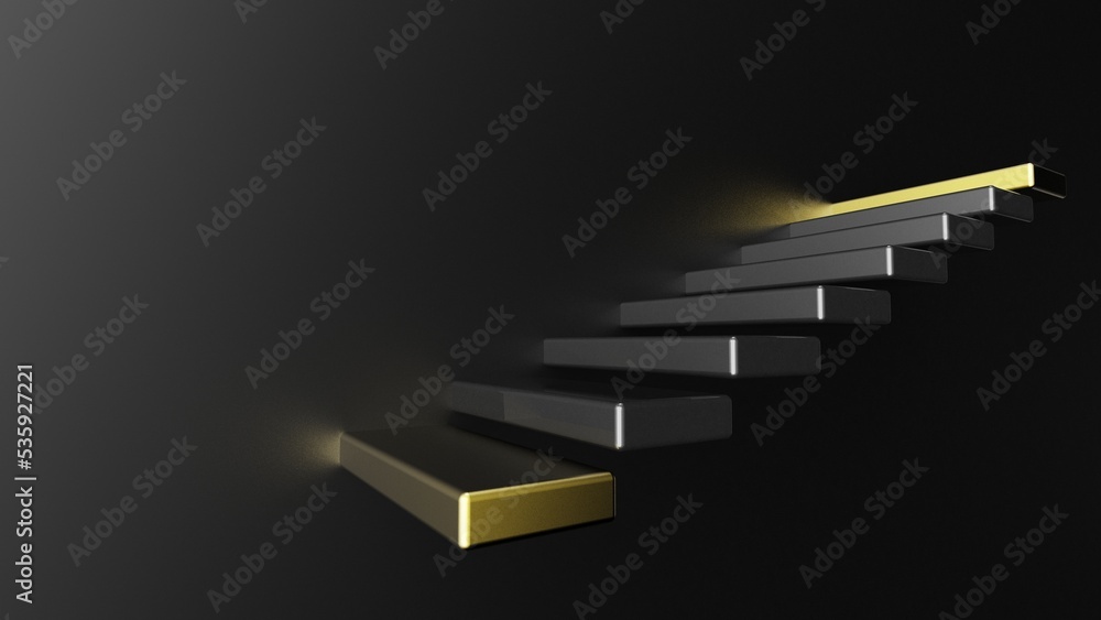 Black stairs leading to gold top and bottom step under black background ...