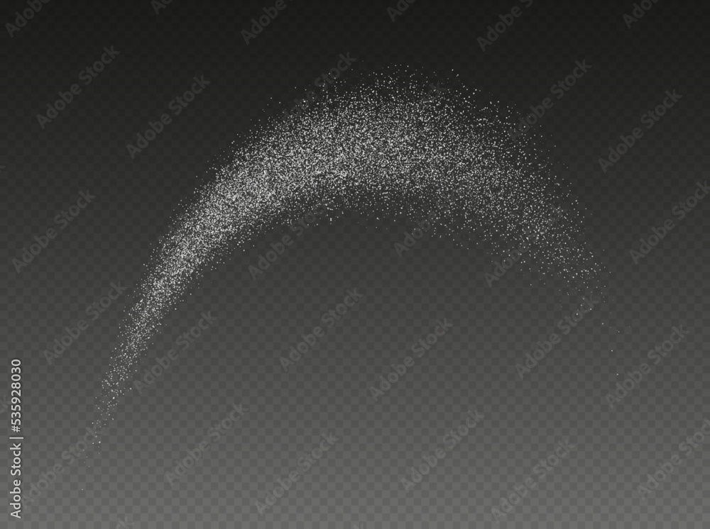 Sugar powder splash, flying salt, baking flour top view. White powder ...