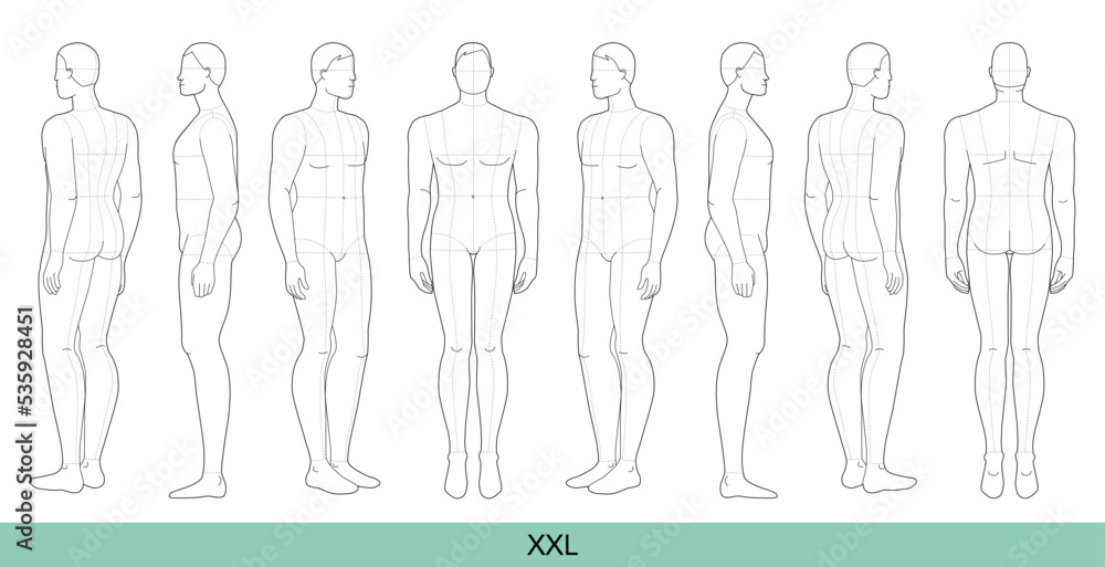 Set of XXL Size Men Fashion template 9 nine head size with main line ...