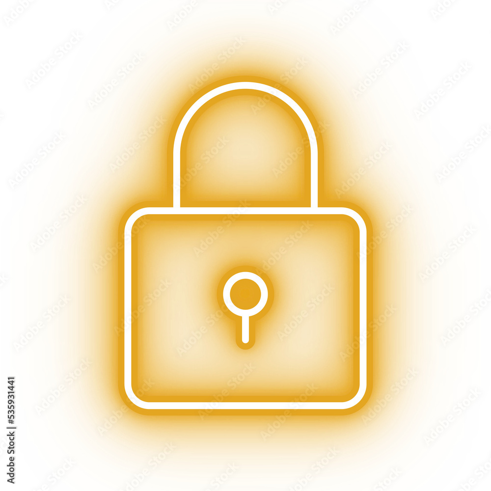 Neon yellow lock icon, glowing closed lock icon on transparent ...