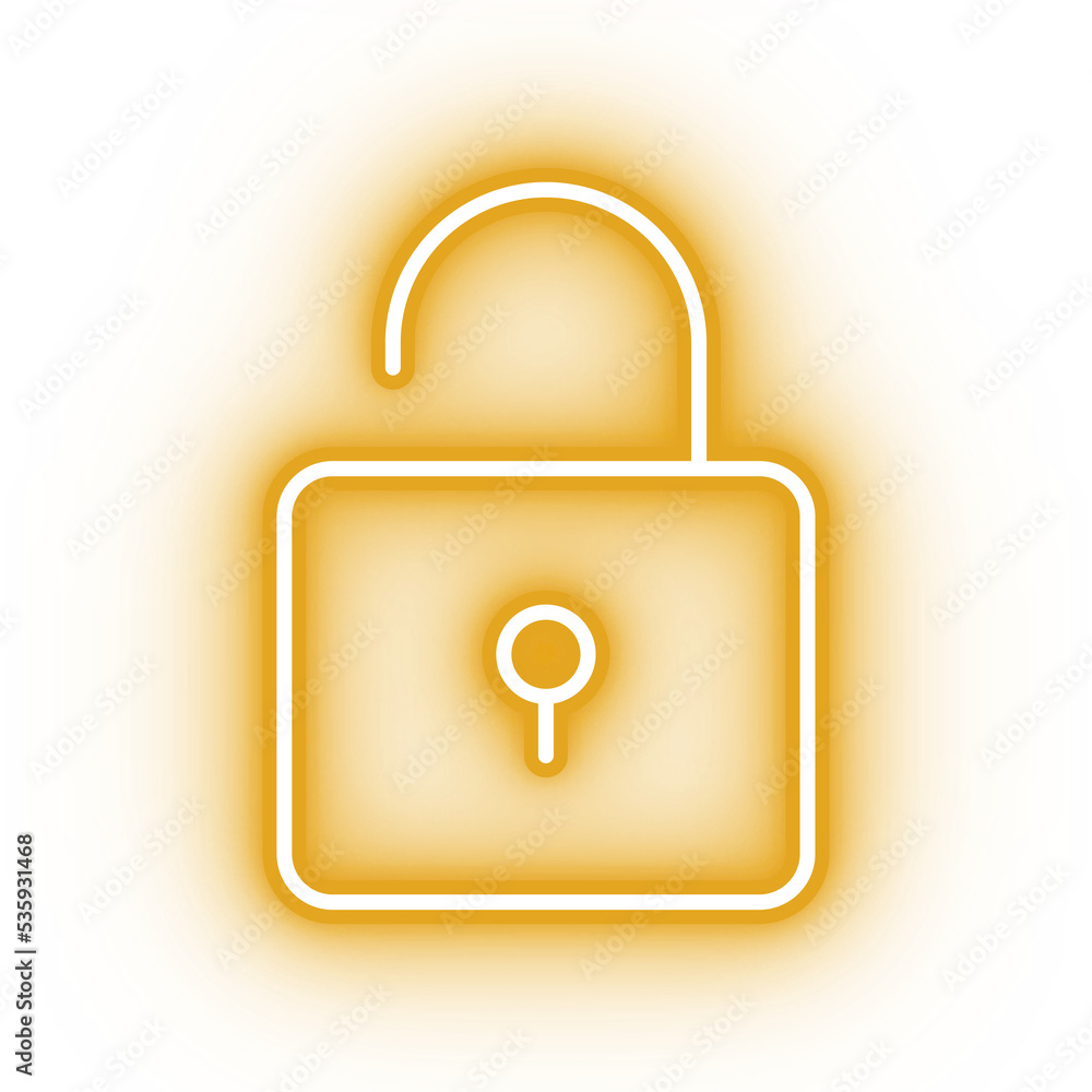 Neon yellow lock icon, glowing open lock icon on transparent background ...