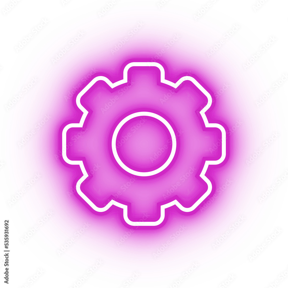Neon pink gear cog icon, glowing settings icon on transparent ...
