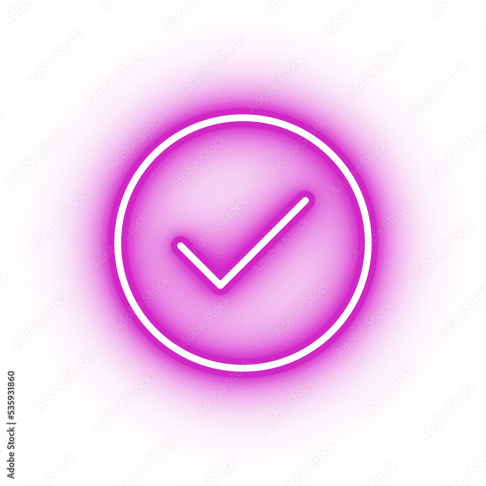 Neon pink tick icon, glowing accept icon on transparent background ...