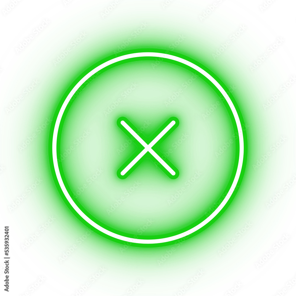 Neon green remove button icon, glowing x icon on transparent background ...