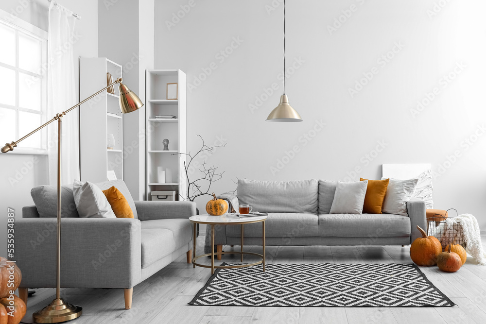 Autumn interior of living room with grey sofas and pumpkins Stock Photo ...