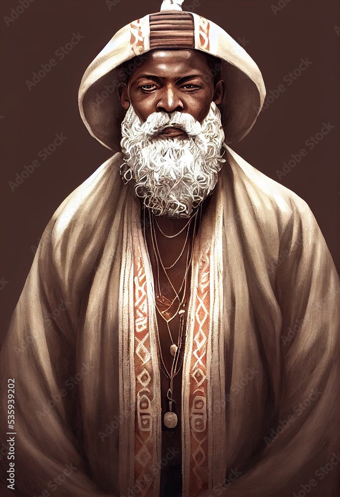 An old sage in ancient robes. Portrait of an ancient sage. 3D rendering ...