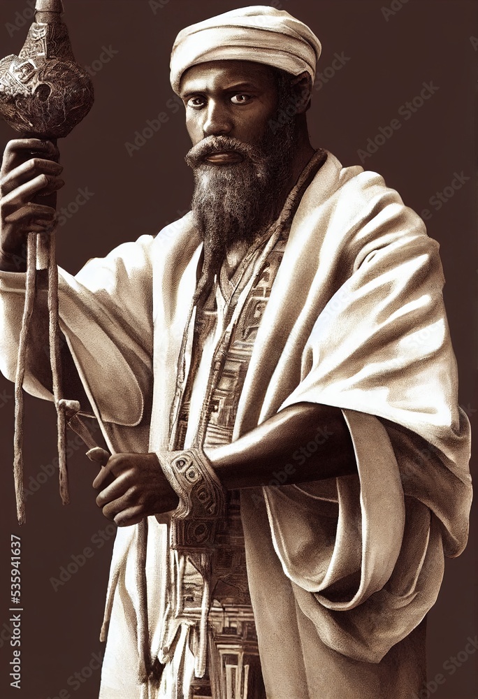 An old sage in ancient robes. Portrait of an ancient sage. 3D rendering ...