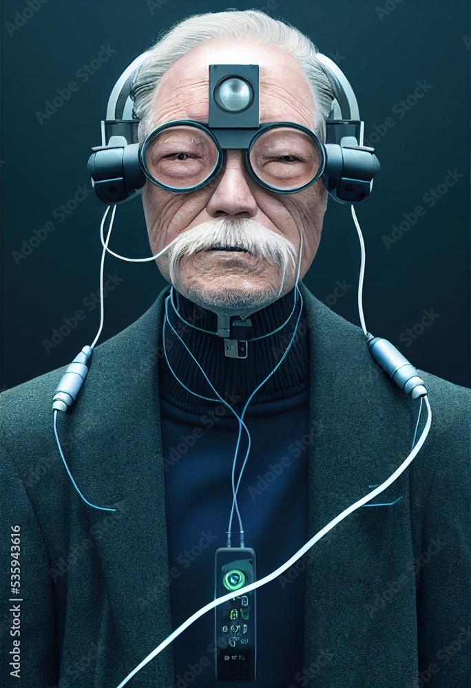 Fictional portrait of a grandfather in a futuristic cyberpunk style ...