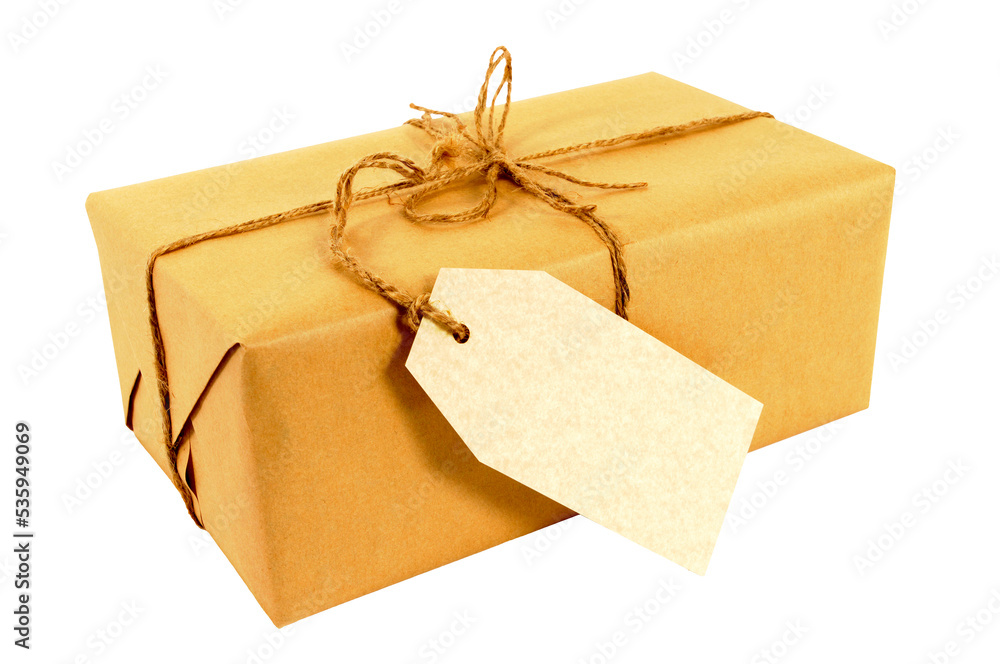 Brown paper parcel package and address label gift tag isolated ...
