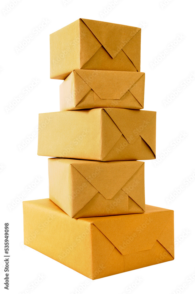 Tall stack of brown paper packages parcel isolated transparent ...