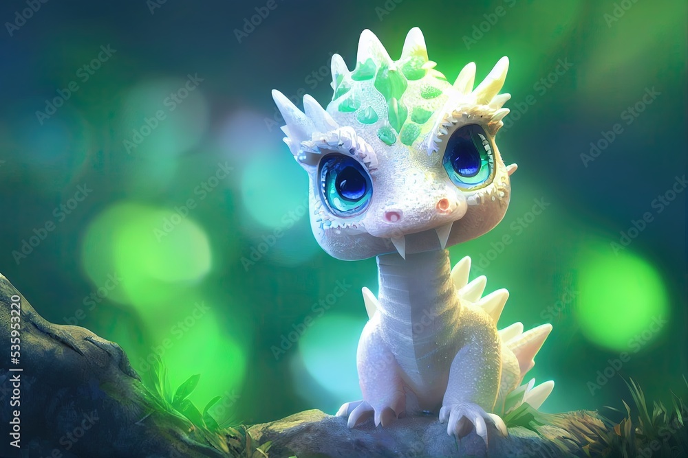 3D rendered computer generated image of an adorable kawaii baby dragon. Modern animation style ...