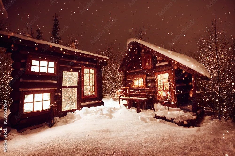 3D rendered winter snow scene cold and serene new for winter 2023. Log cabin in the woods with ...