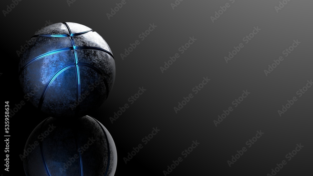 Blue metallic basketball under black-white lighting background. Concept ...