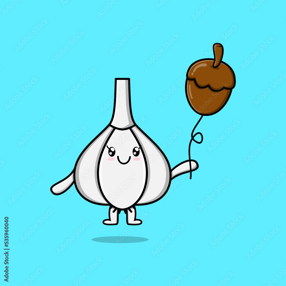 Cute cartoon Garlic floating with acorn balloon cartoon vector ...