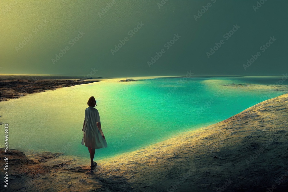 a woman faces the still ocean contemplating life as she stands and ...