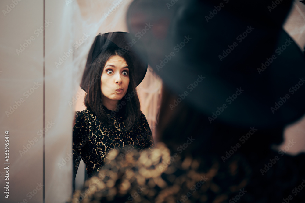 Perfectionist Woman Checking her Costume in Halloween the Mirror. Funny ...