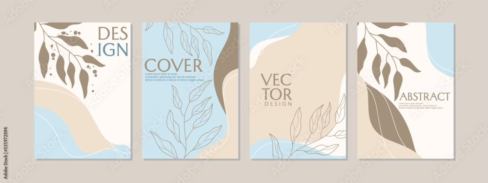 aesthetic boho style cover design set. hand drawn leaf design with ...