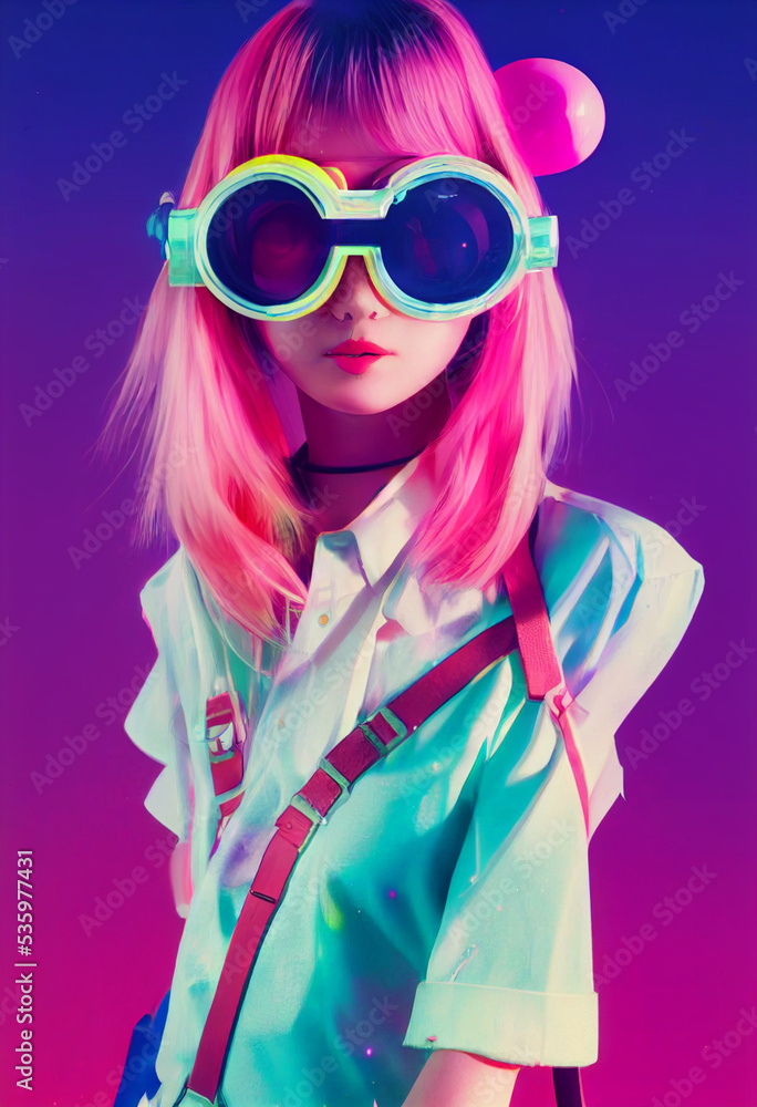 Anime girl in vaporwave style illustration. 3D girl cyberpunk style ...