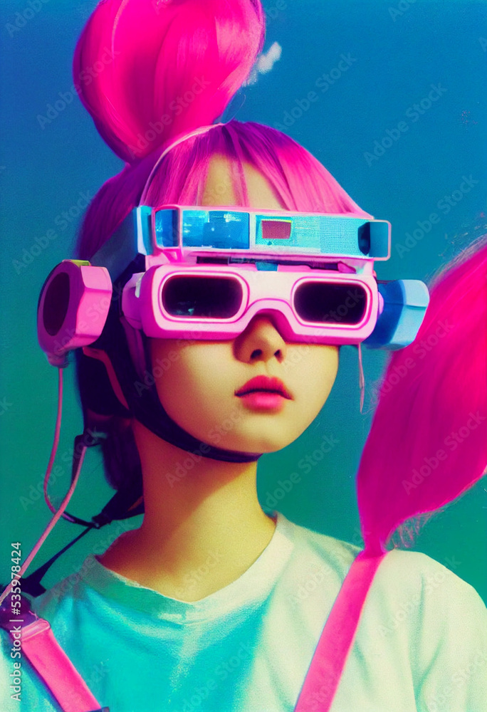 Anime girl in vaporwave style illustration. 3D girl cyberpunk style ...